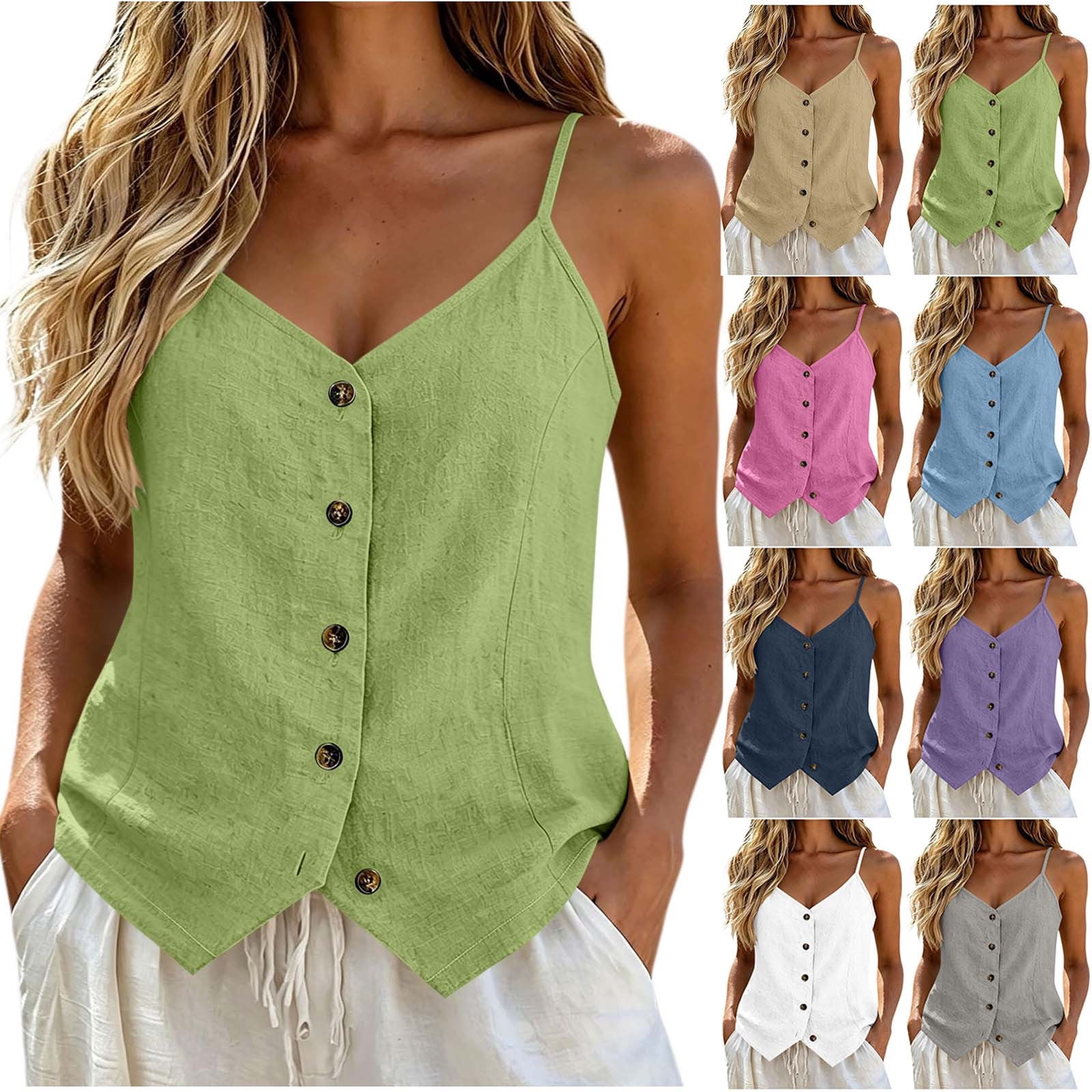 HongQid Spaghetti Strap Linen Cami Top for Women Deep V Neck Front ...