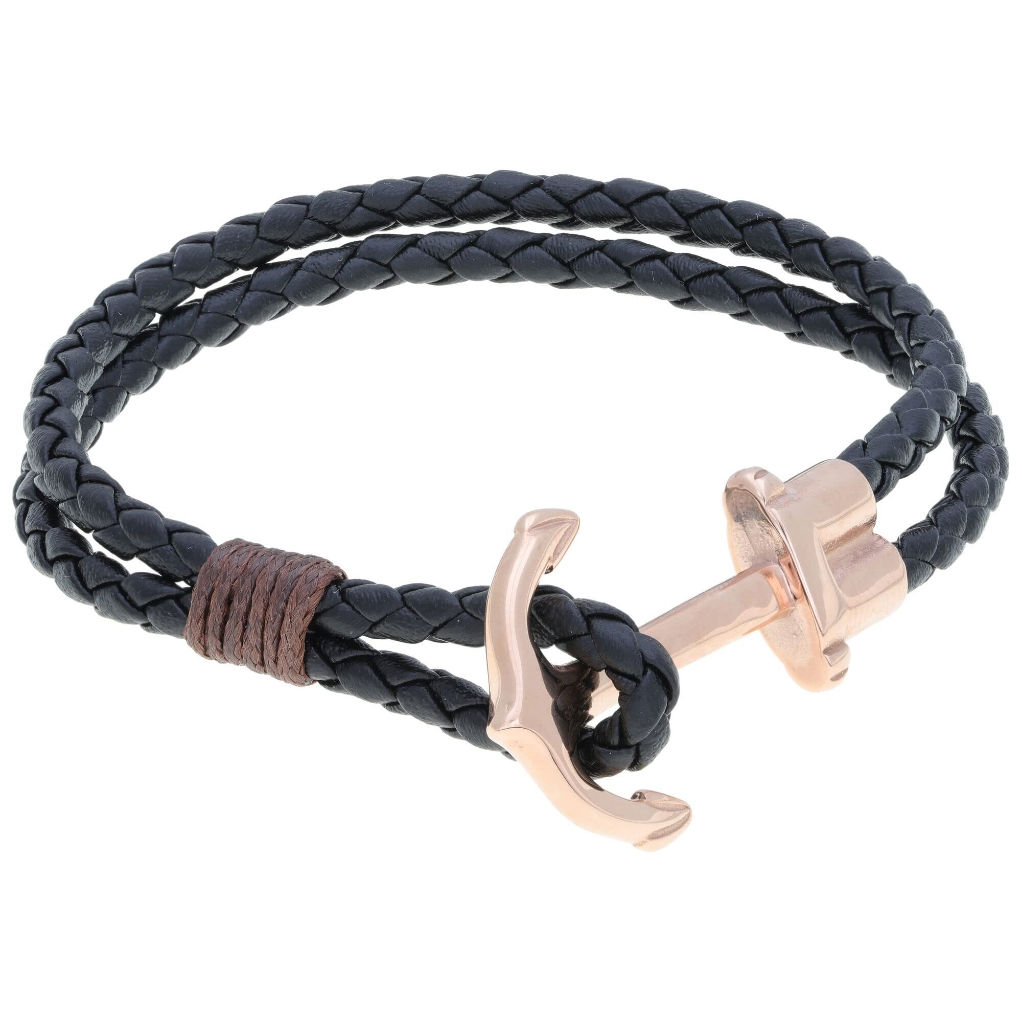 wenqiang Stainless Steel and Black Genuine Leather Anchor Bracelet for Men with Rose Gold ...