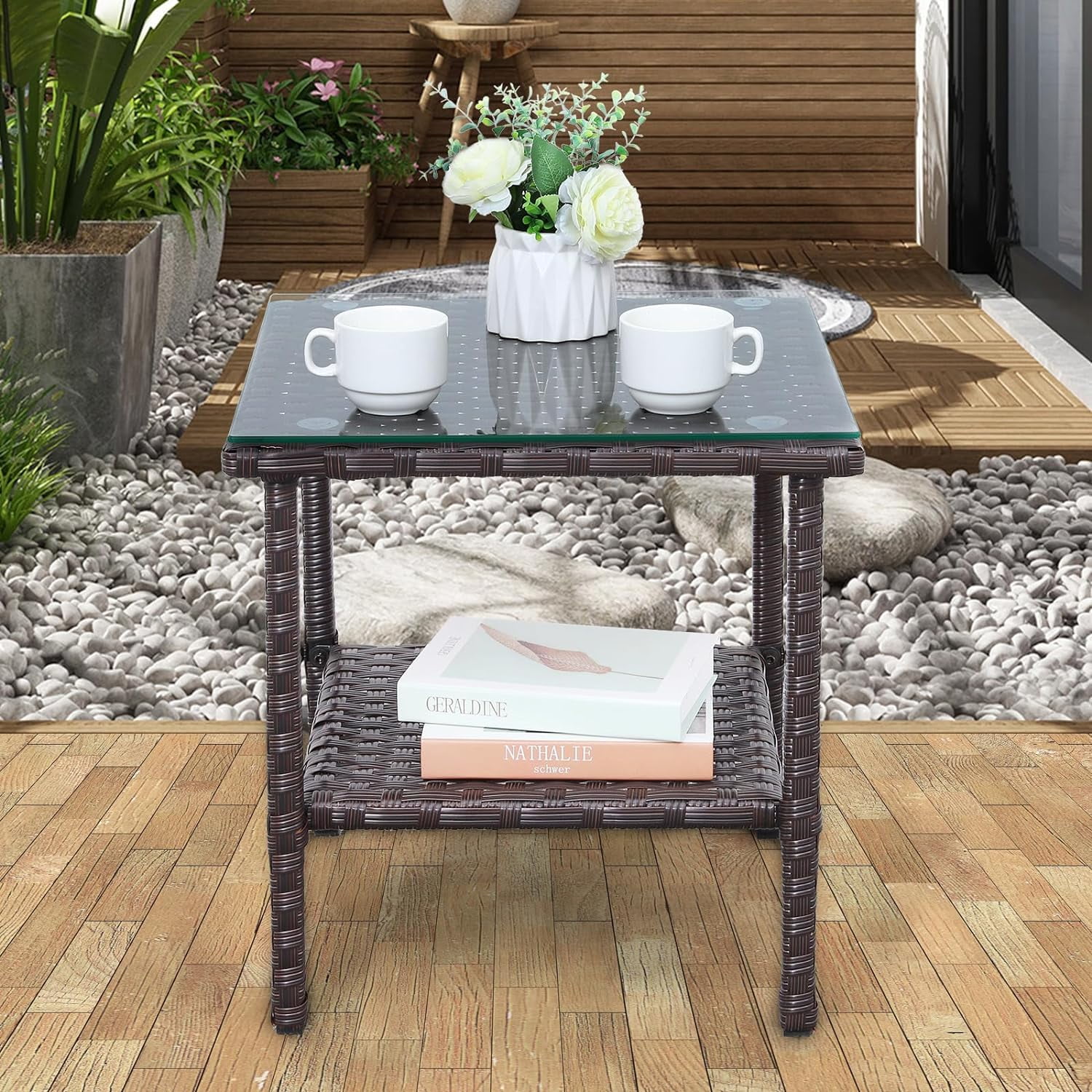 xcvbpyrg Outdoor Wicker Glass Top Side Table - Garden Metal Square Tea ...