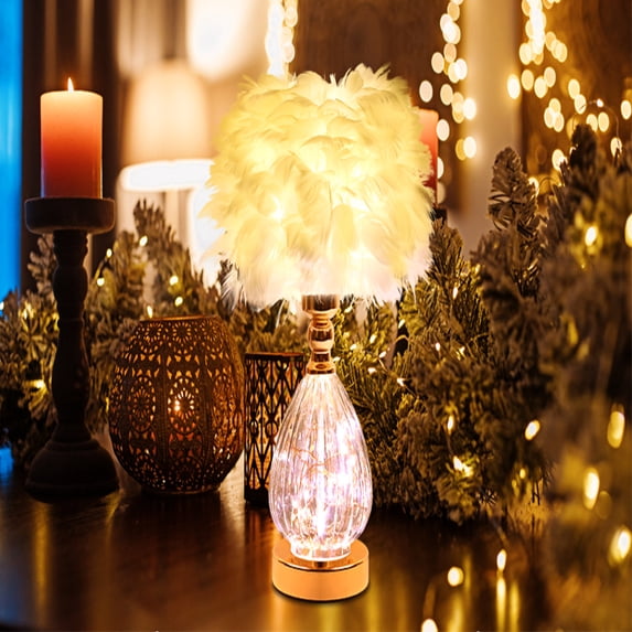 white Feather Table Lamp - Plug-in Bedroom Nightstand Lamp with Fluffy ...