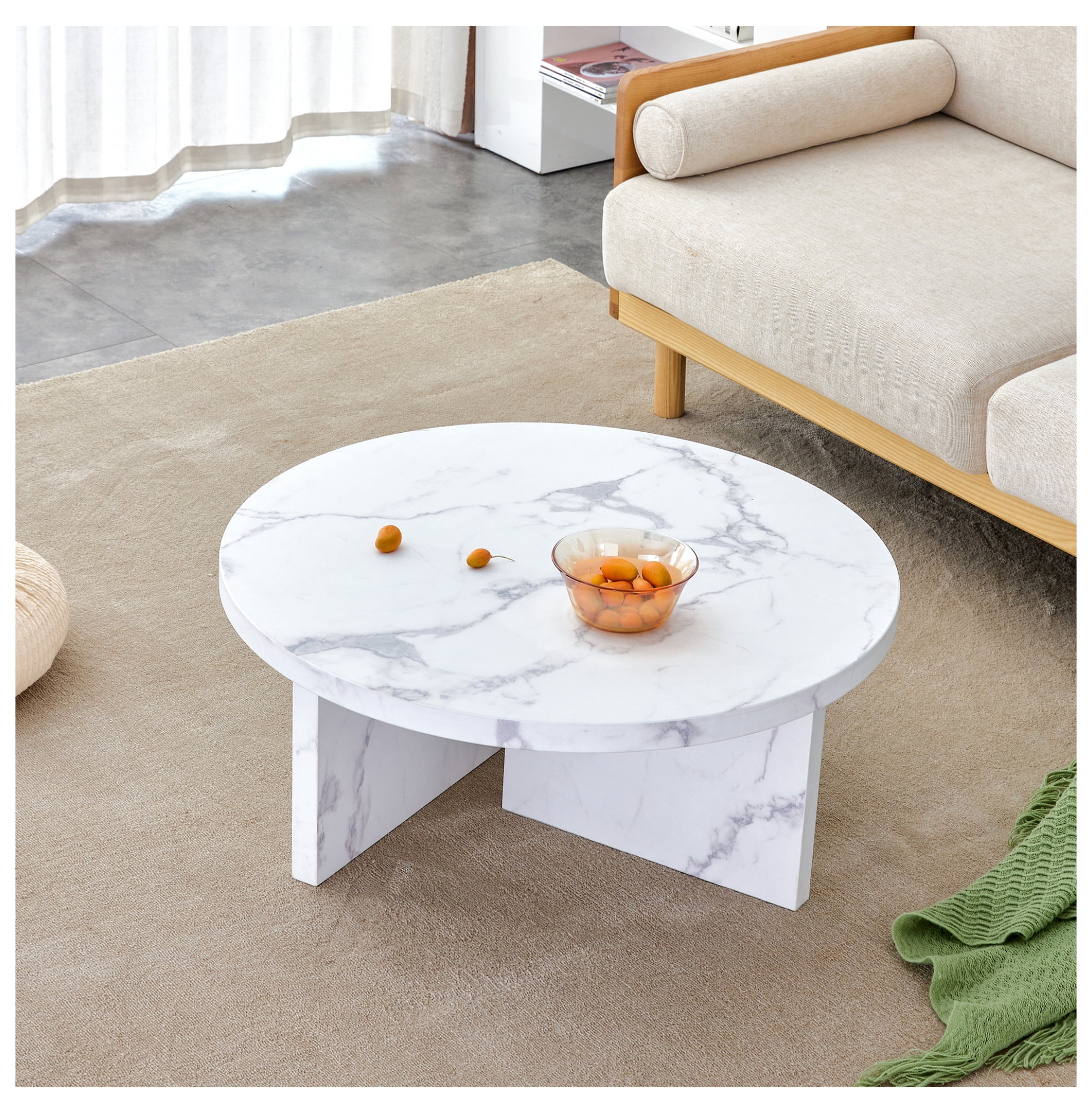 A white MDF material circular patterned coffee table, a 31.4-inch white ...