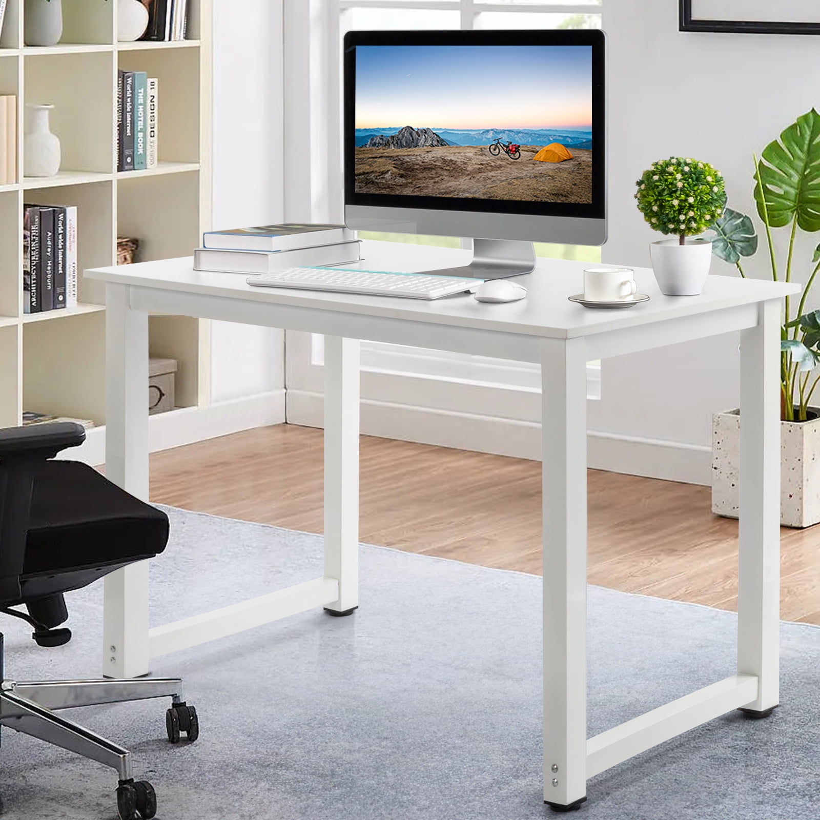 white desktop + white pipe frame P2 particleboard with triamine steel feet 110cm computer desk ...