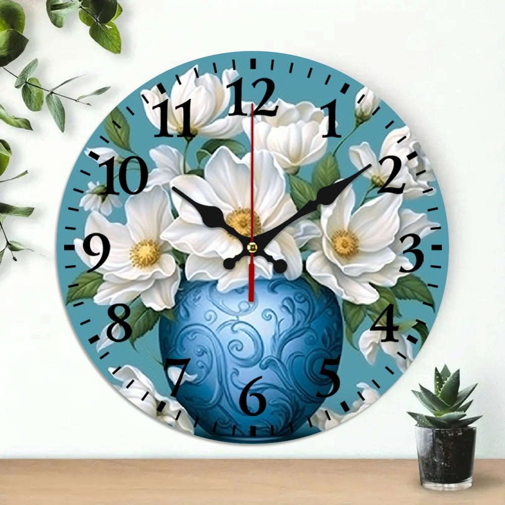 white flowers blue vase art deco Wooden Wall Clock Wall Decor for ...