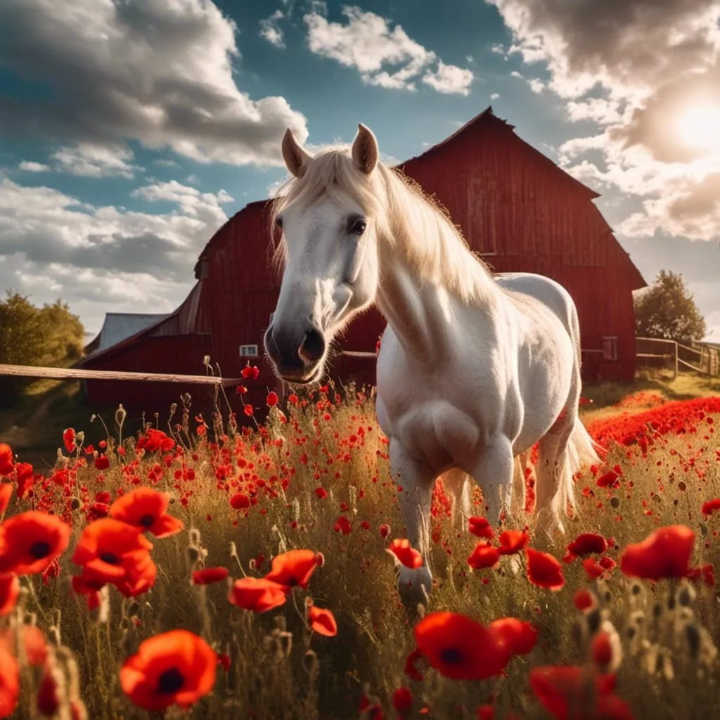 The white horse in the red poppy field - Red Barn Adult 500-piece ...