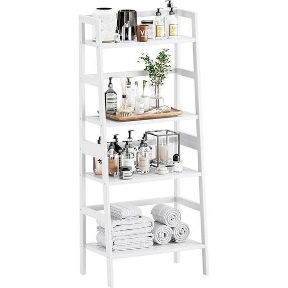 **white ladder bookshelf, leaning bookcase, 4-tier bamboo shelf, floor ...