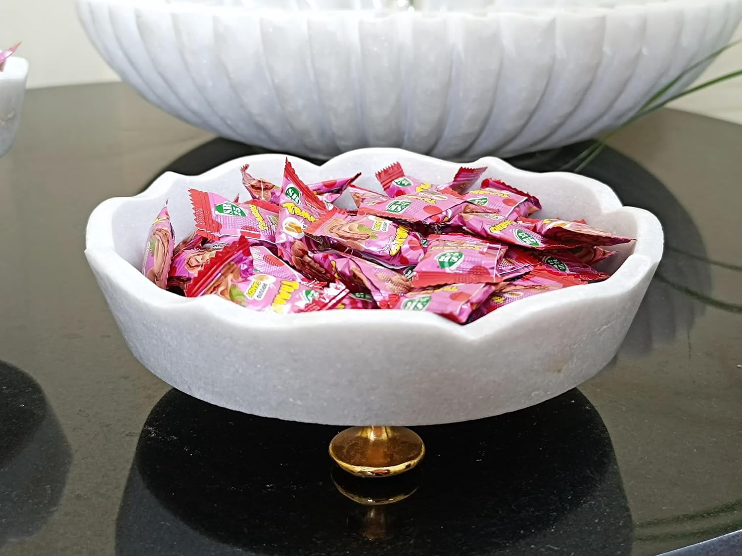 white marble fruit bowl/ snacks platter/ home décor with golden metal ...