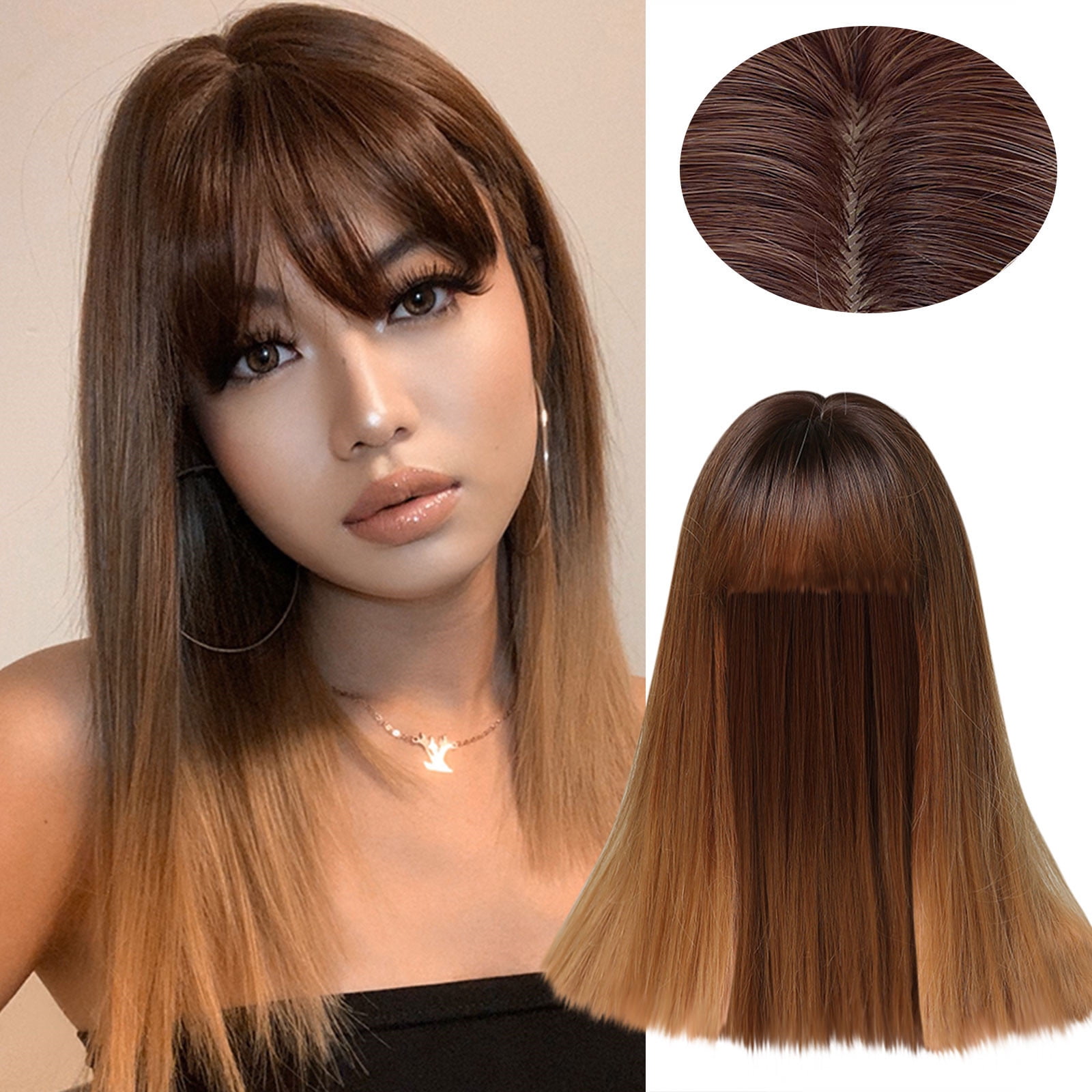 wigs human hair Holiday Bob Curly with Bangs Women's Shoulder Wig Long ...