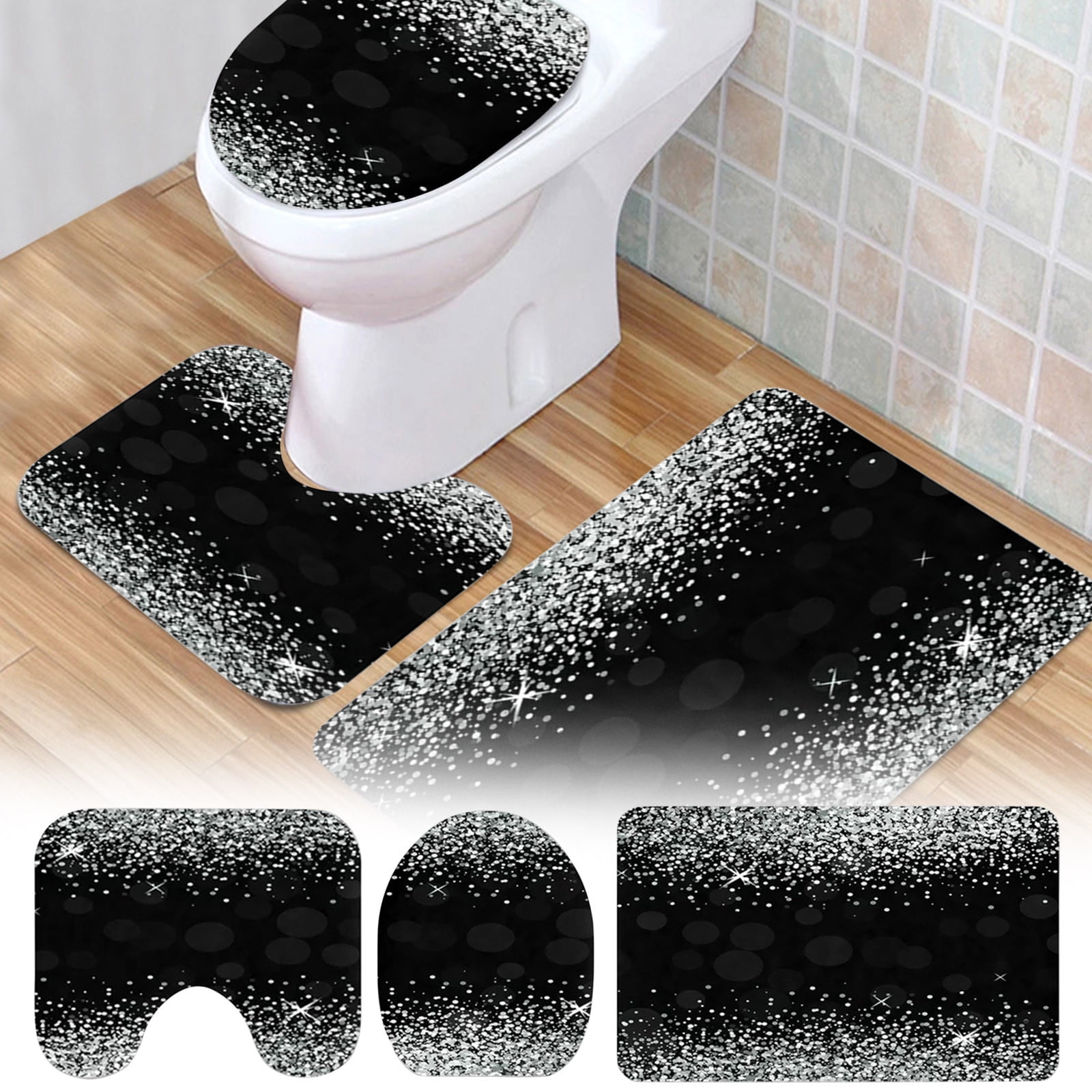 wileqep Bathroom Sets Shiny Silver Glitter Black 3 Piece Bathroom Rugs ...