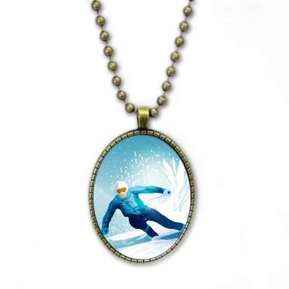 winter sport skis and ski pole illustration necklace vintage chain bead ...