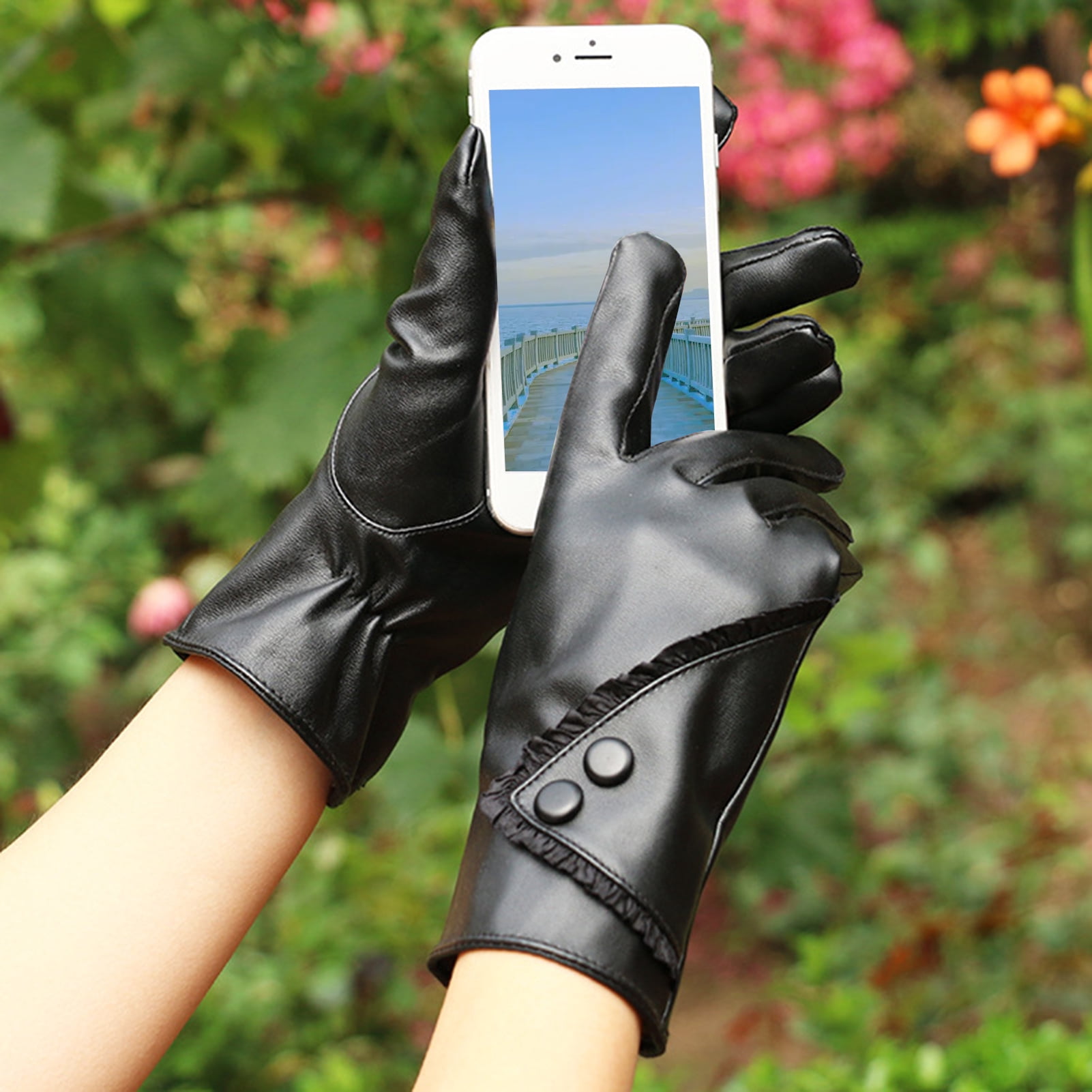 wirlsweal 1 Pair Women Gloves Faux Leather Touch Screen Soft Full ...