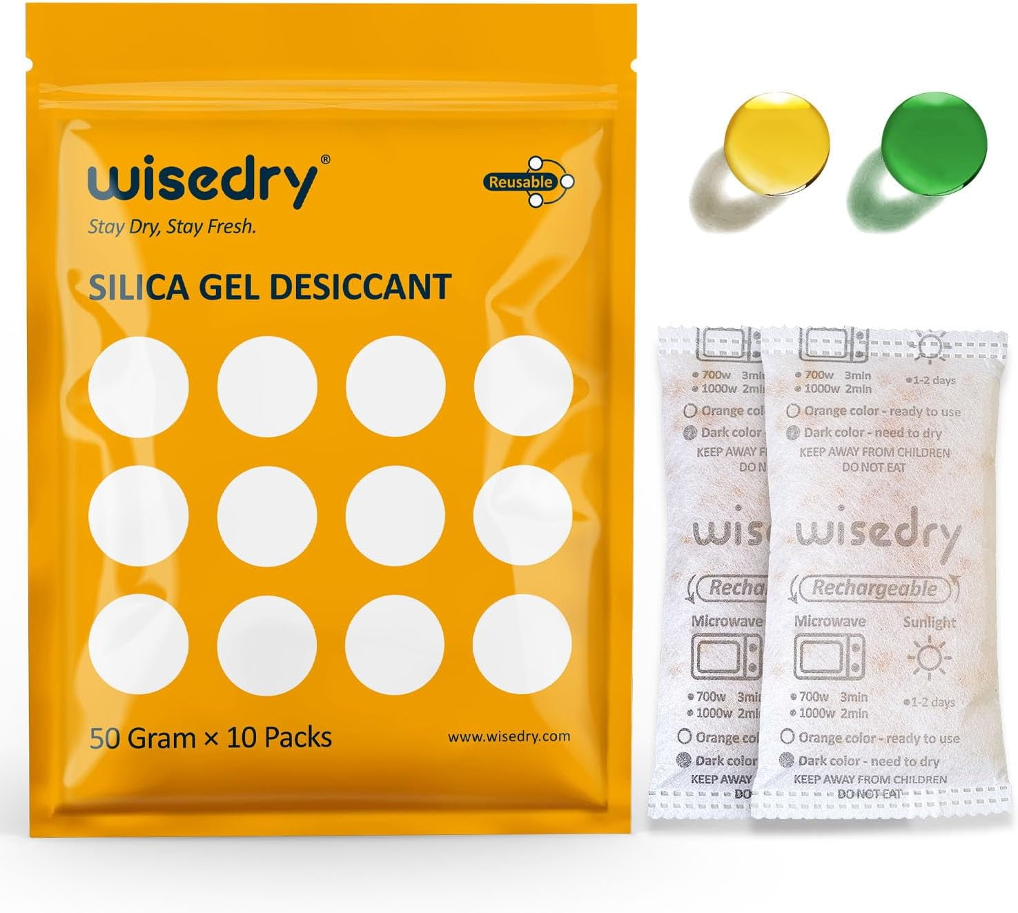 wisedry 50 Gram [10 Packs] Silica Gel Desiccant Packets Microwave Fast ...