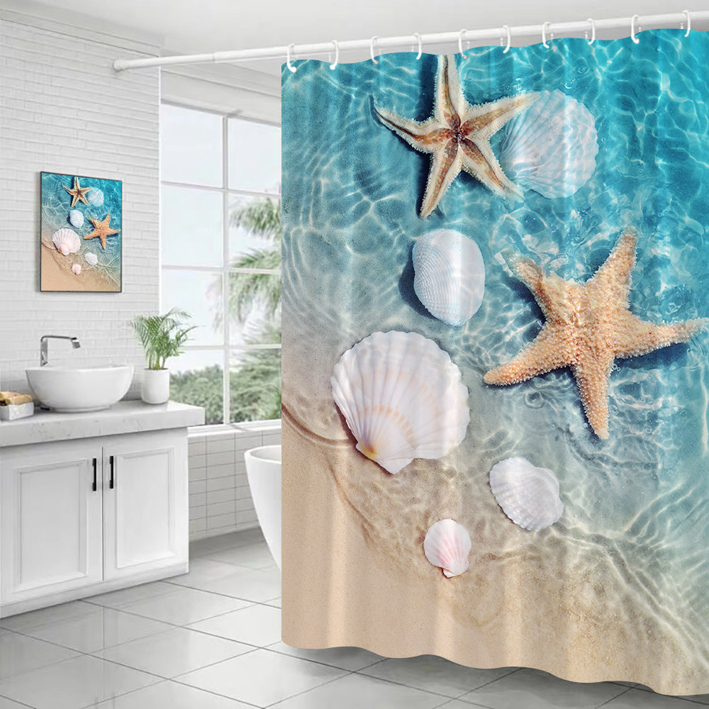 with Decor Set Curtain Bathroom Landscape Nature Leaves Palm Waves ...