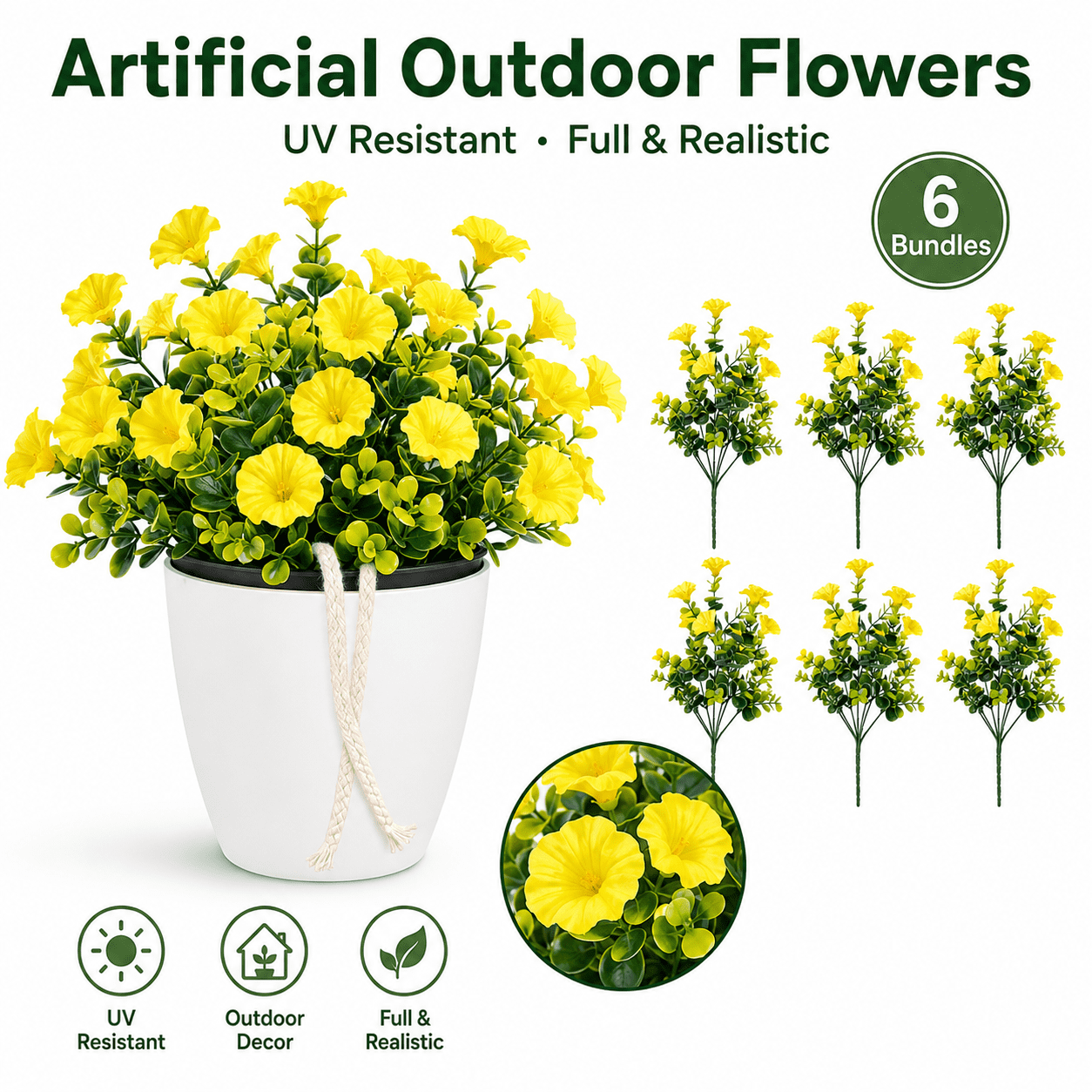 （with a flower pot）Potted Artificial Flowers Outdoor, 6 Stems in One ...