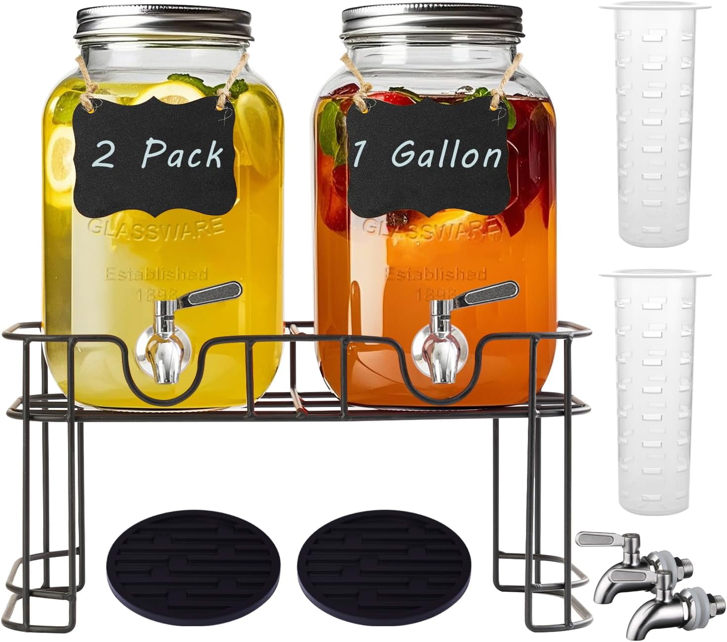 wmqydxg 1 Gallon Glass Drink Dispenser with Stand 2 Pack Glass Beverage ...