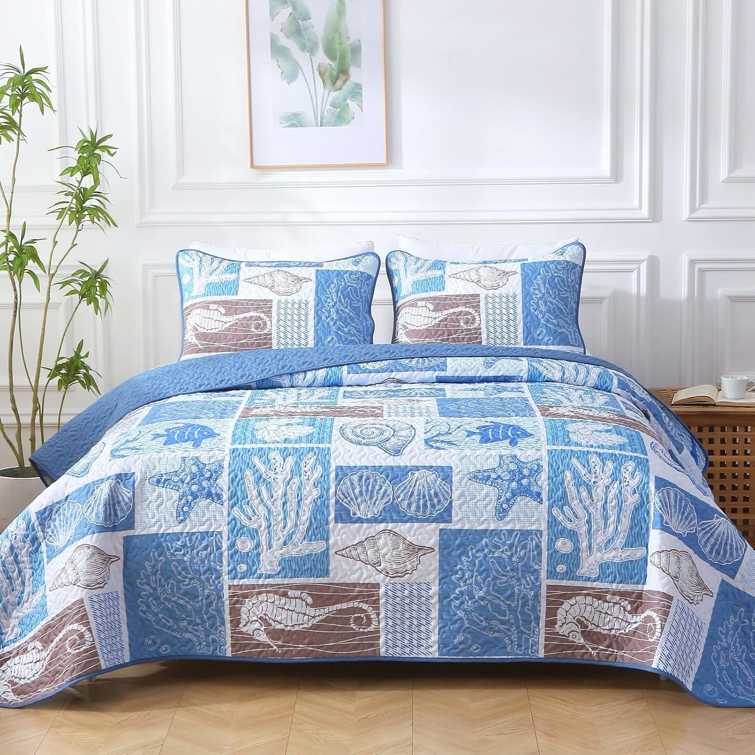 iojnbgy Coastal Quilt Set King Size Beach Coverlet Blue Starfish Coral ...