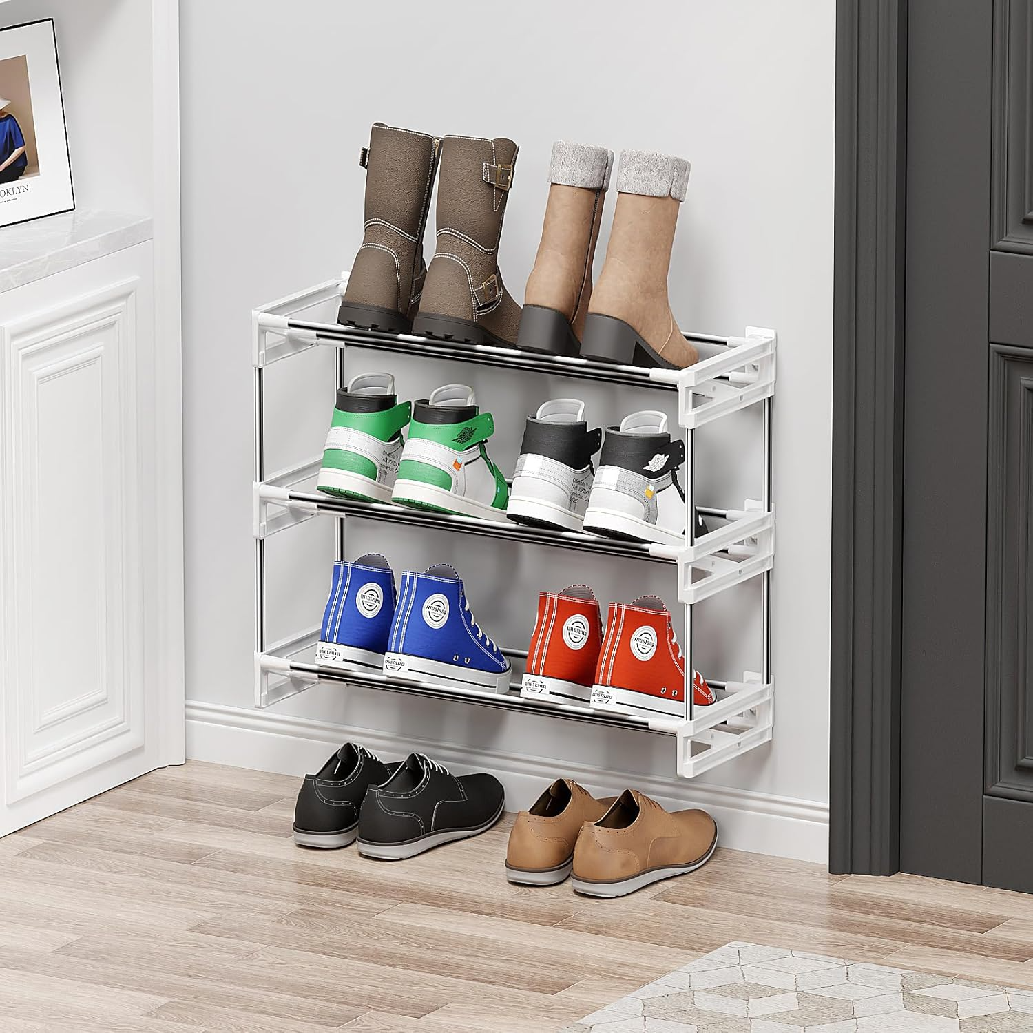 sasyxdc Slim Shoe Rack - 3 Tier Narrow Wall Mounted Shoe Shelf With ...