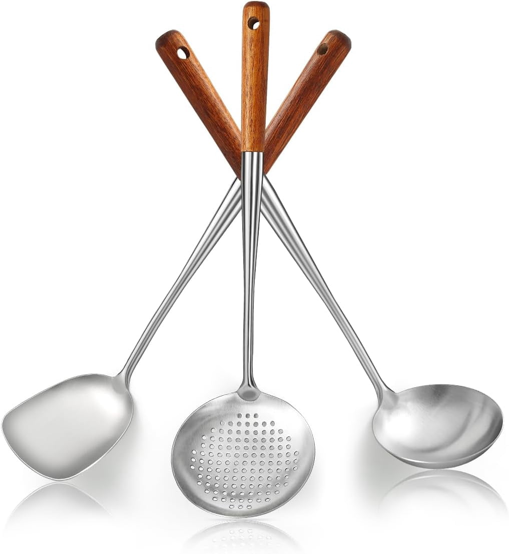 **wok spatula set 17", heat resistant wood handle stainless steel wok ...