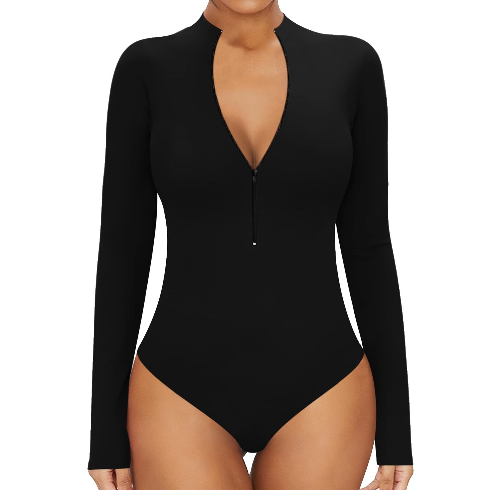 Women Bodysuit Zipper Front Neck Neck Sleeve Long Sleeve Tops Bodysuit Shirts - Walmart.com