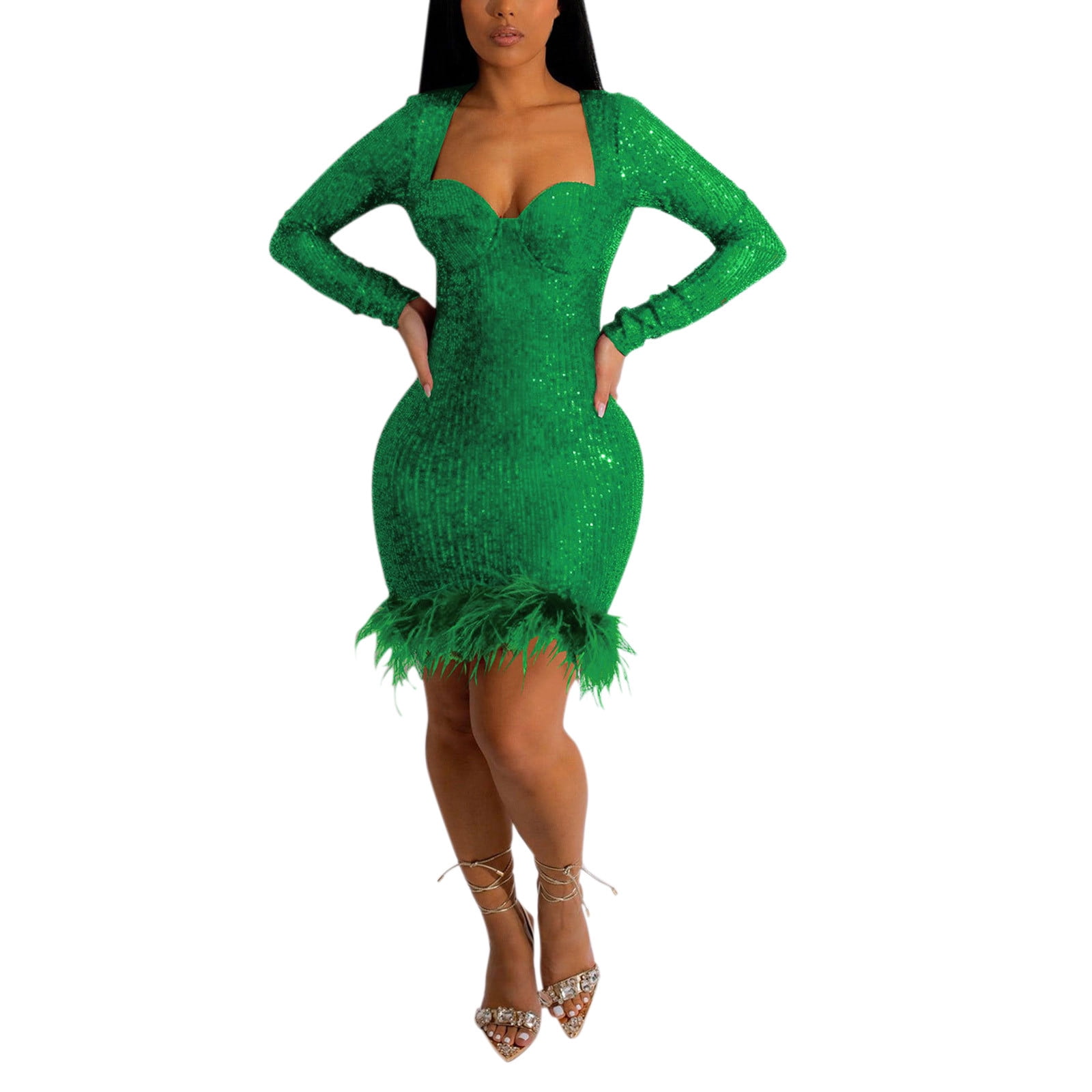 women solid color sequin feather zipper pack dress party dress ...