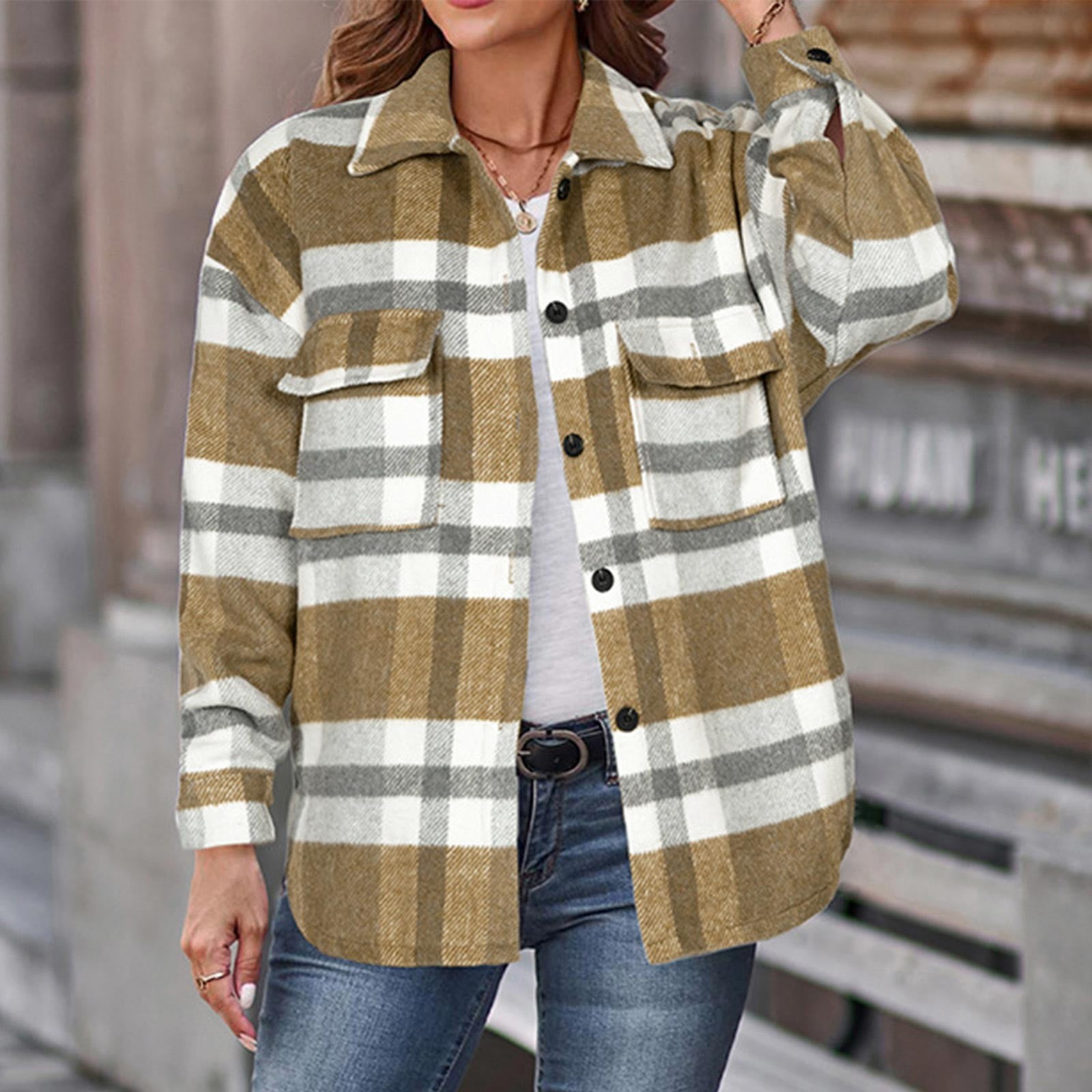 womens flannel hoodie Women's Oversized Plaid Shacket Jackets ...