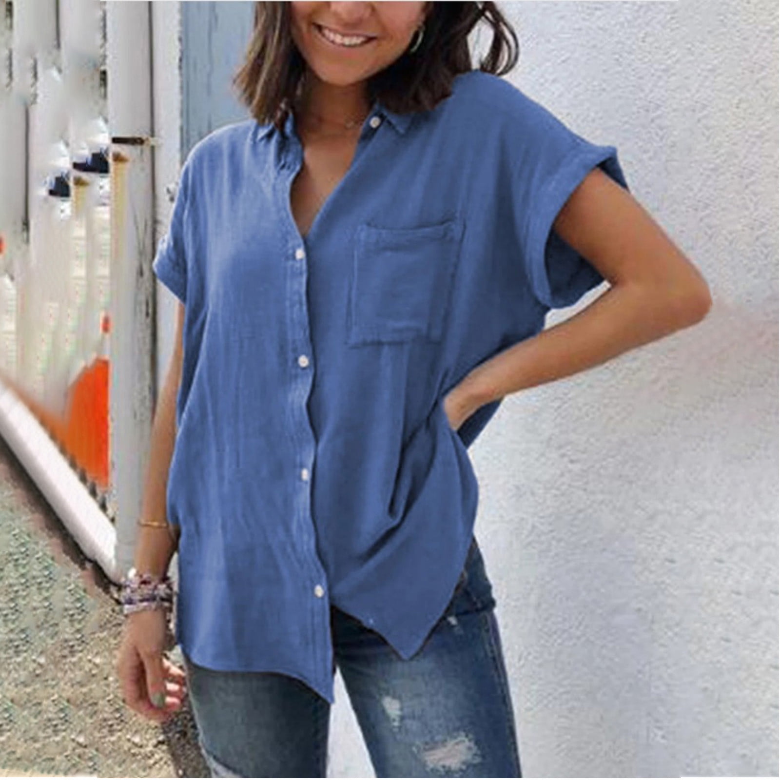 womens summer tops casual stylish lapel button down shirt short sleeve ...