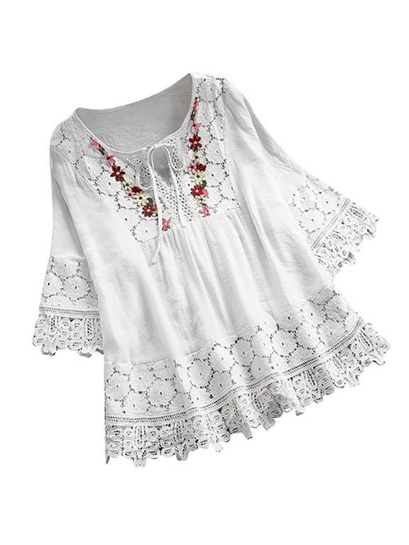 FOLUNSI Women's Plus Size Summer Tops Short Sleeve Lace Pleated Blouses ...