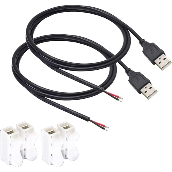 wonima10 2pcs 1M/3.3Ft 20AWG USB 2.0 Male Plug 2pin Wire DIY Pigtail Cable 5V 5A Black USB Power ...