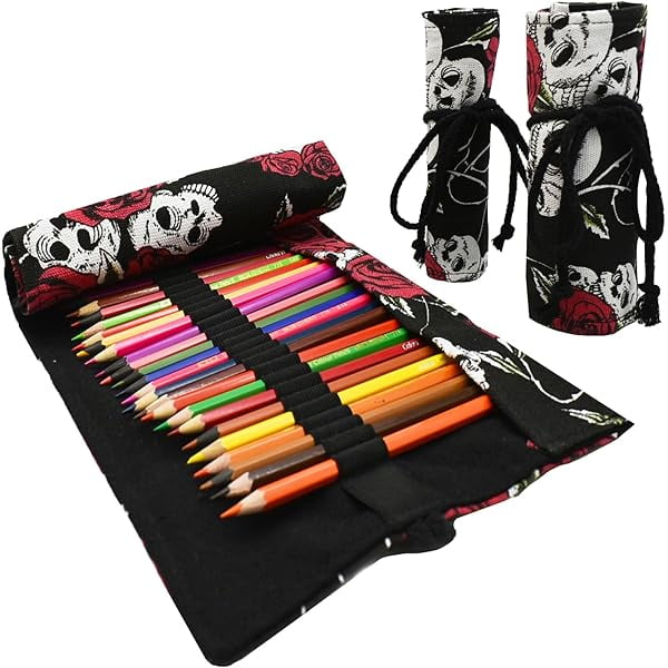 wonima66 Rose Pattern Colored Canvas Pencil Wrap Pencil Case Roll Up ...