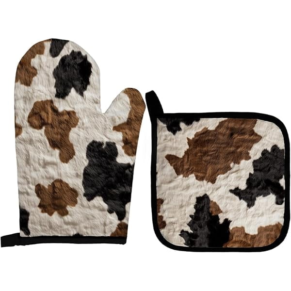 wonima99 Vintage Brown Cow Print Oven Mitts and Pot Holders Sets, Cow ...