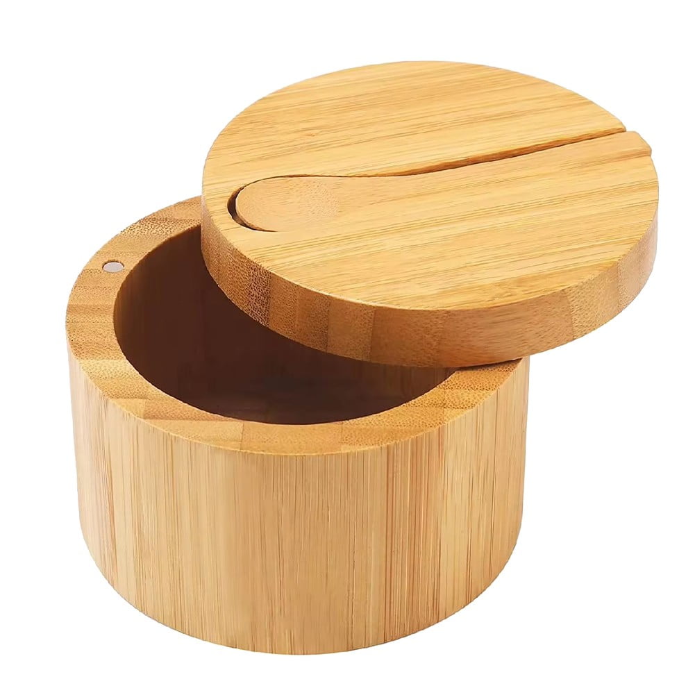 wood Salt Cellar, with Built-in Spoon, Salt Box Bowl with Magnetic ...