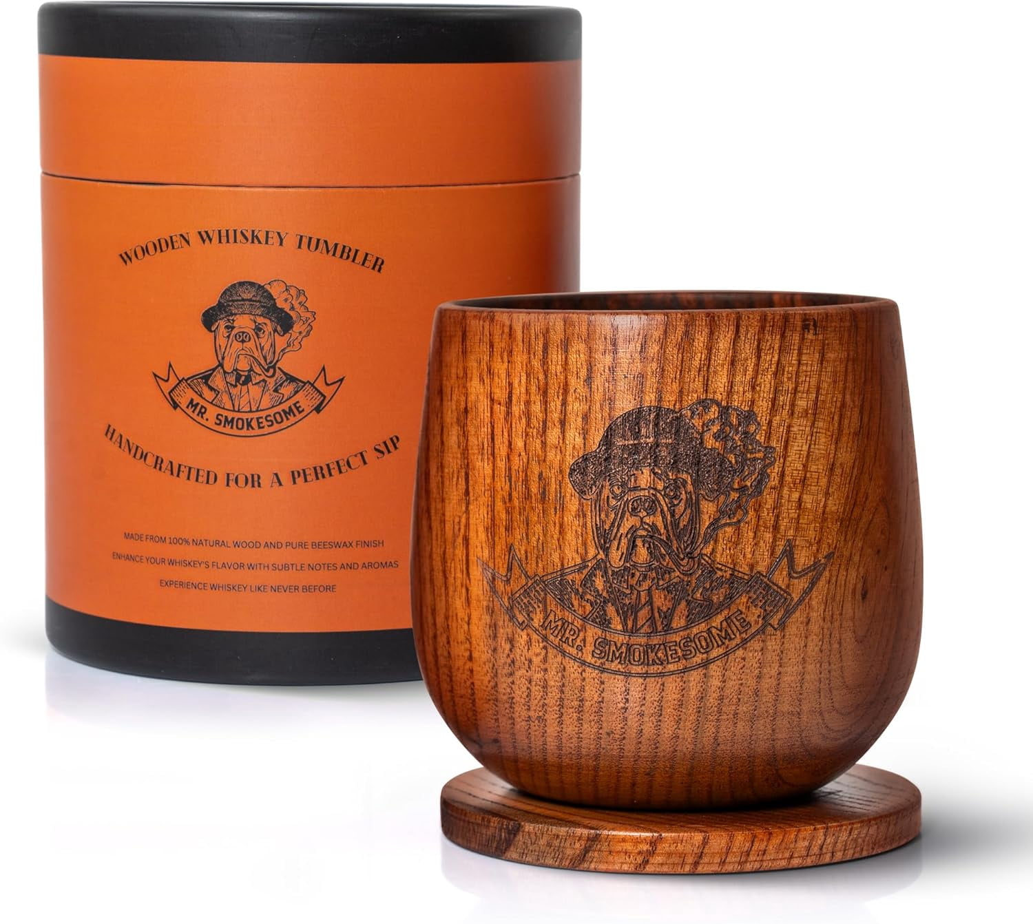 wooden bourbon glass set with coaster | 10 fl oz whiskey glasses set ...