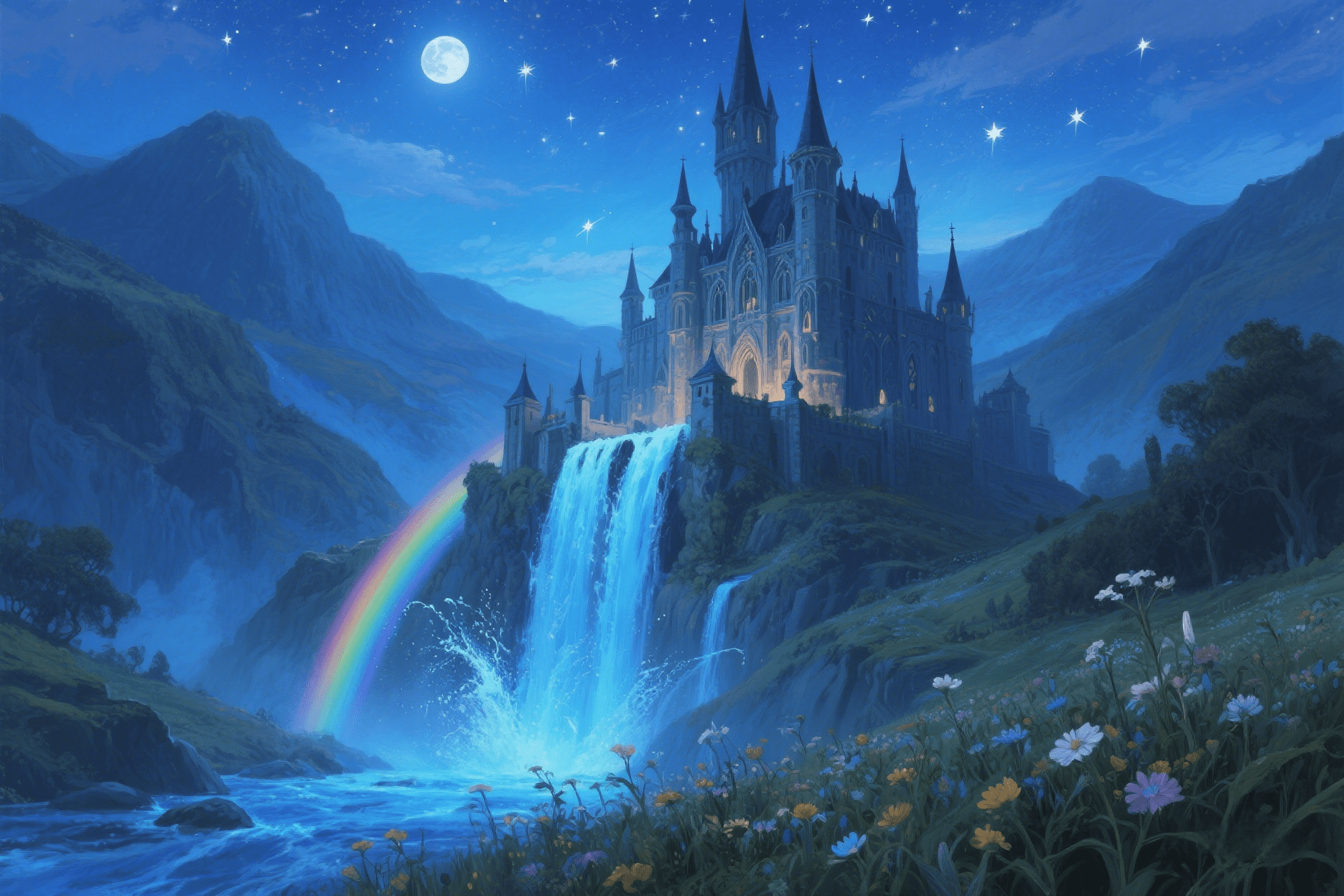 wooden puzzle Gothic Revival - style castle next to a waterfall in a ...