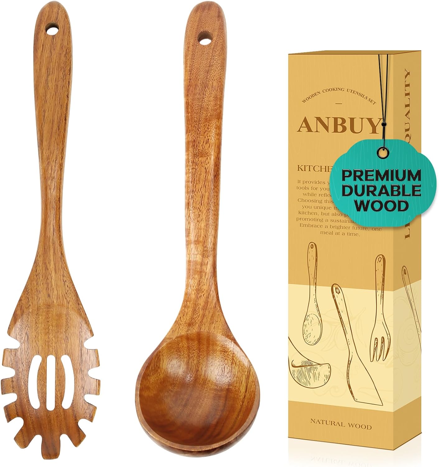 wooden spoons for cooking, natural teak wood kitchen utensil set, large ...