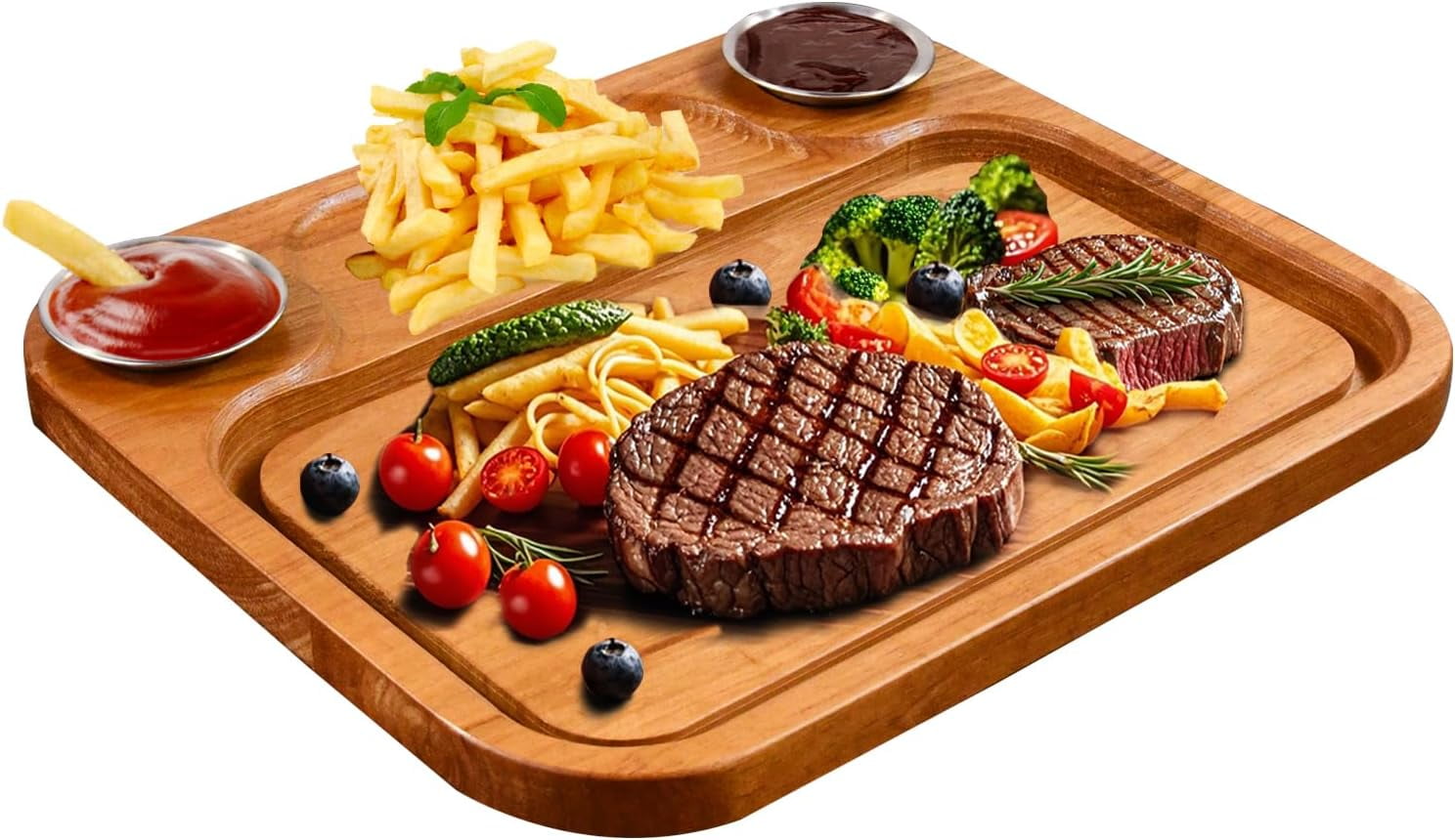 Wooden Steak Plates Include 2 Sauce Cups, Wood Steak Board Set Serving ...