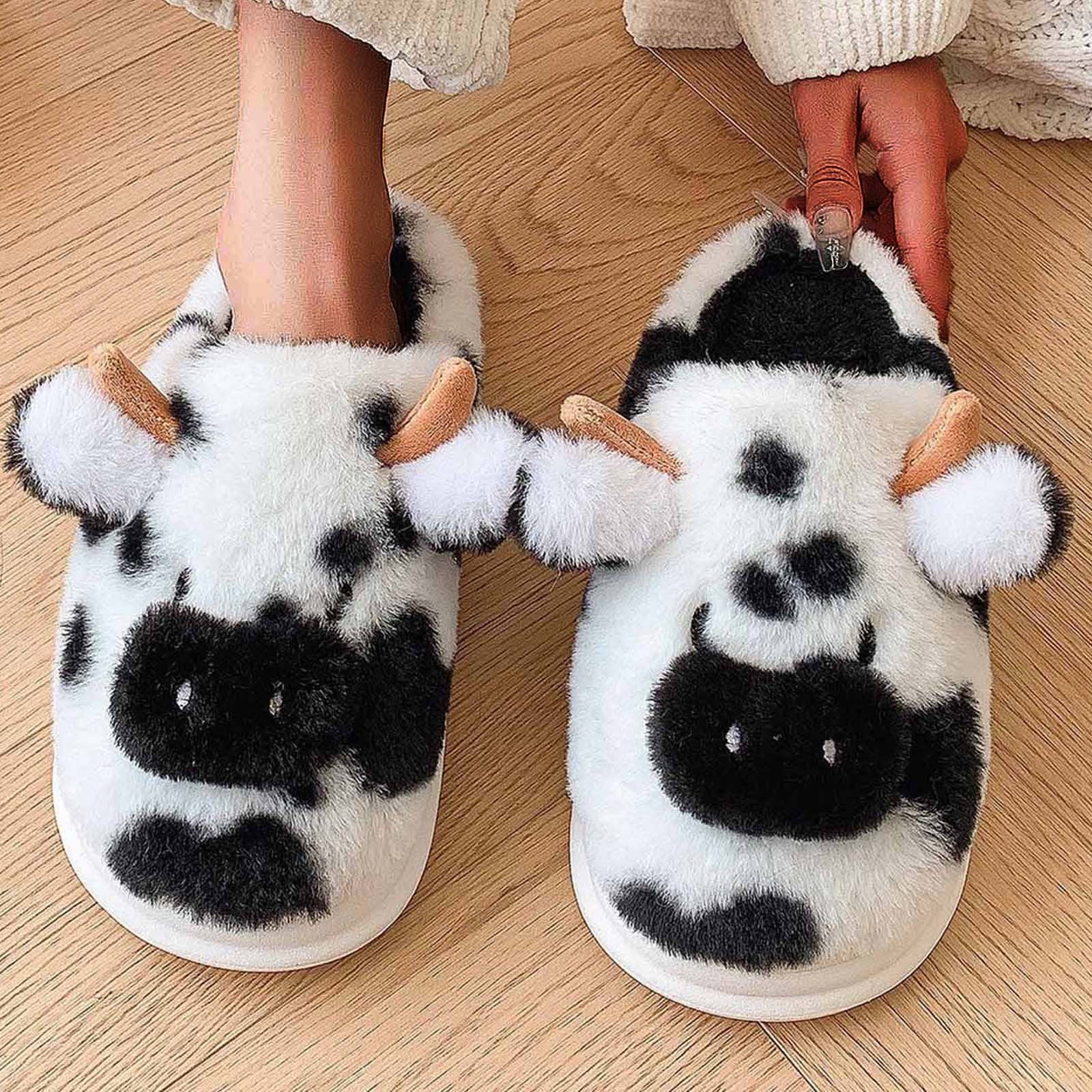 Zunfee Fuzzy Cow House Slippers for Women - Black, US Size 10 (EU 42 ...
