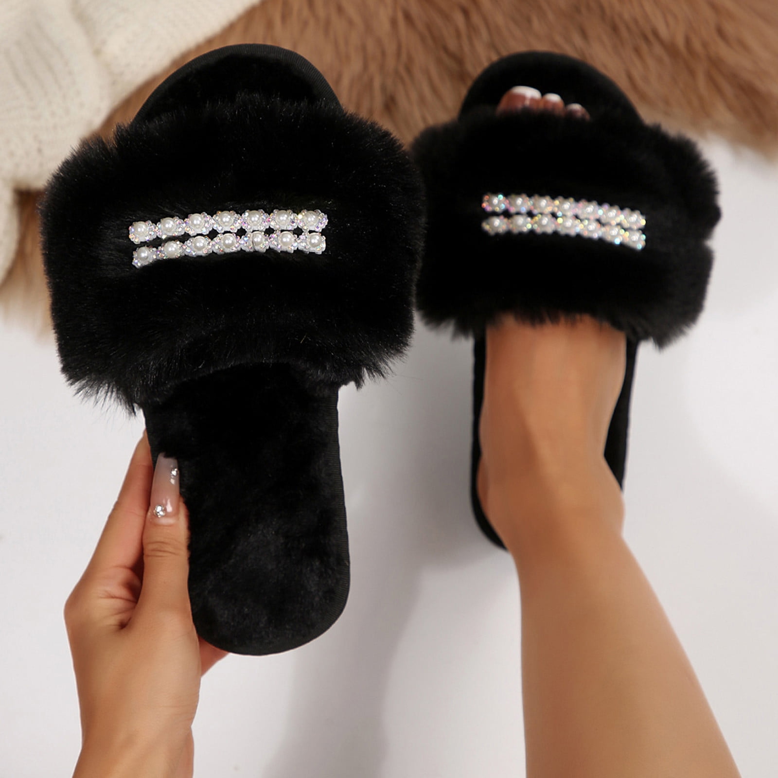 Zunfee Women’s Open Toe Faux Fur Slippers with Rhinestones & Pearls ...