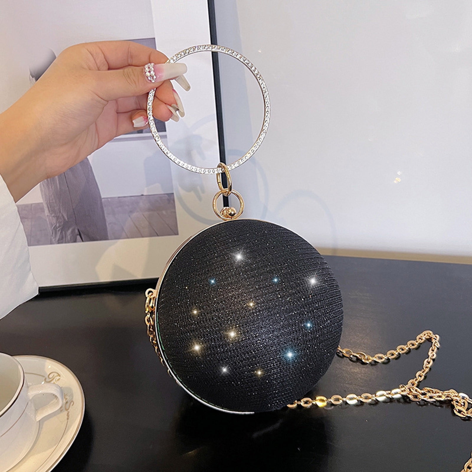 FAIOROI Women's Round Clutch Bag with Rhinestone Handle & Detachable ...
