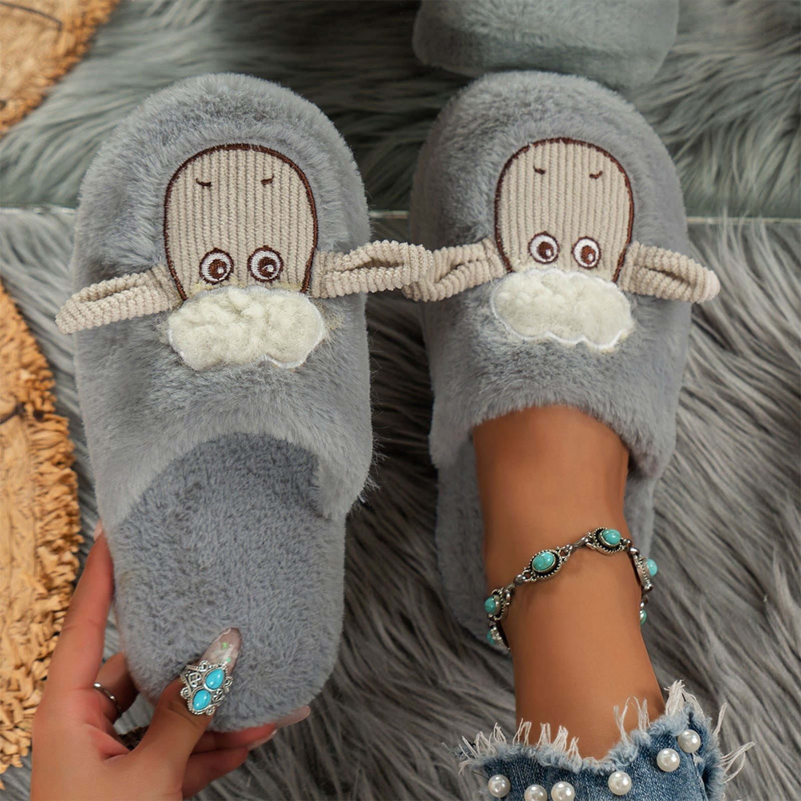 Zunfee Women's Sheep Themed Fuzzy Slippers - Warm Indoor Gray, US Size ...
