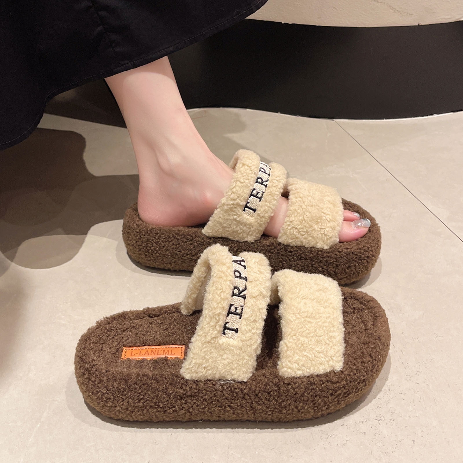 Zunfee Womens Beige Plush Slide Slippers - Letter Embroidery Double ...