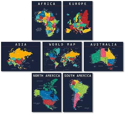 world map & us map poster set classroom posters - blue continents ...