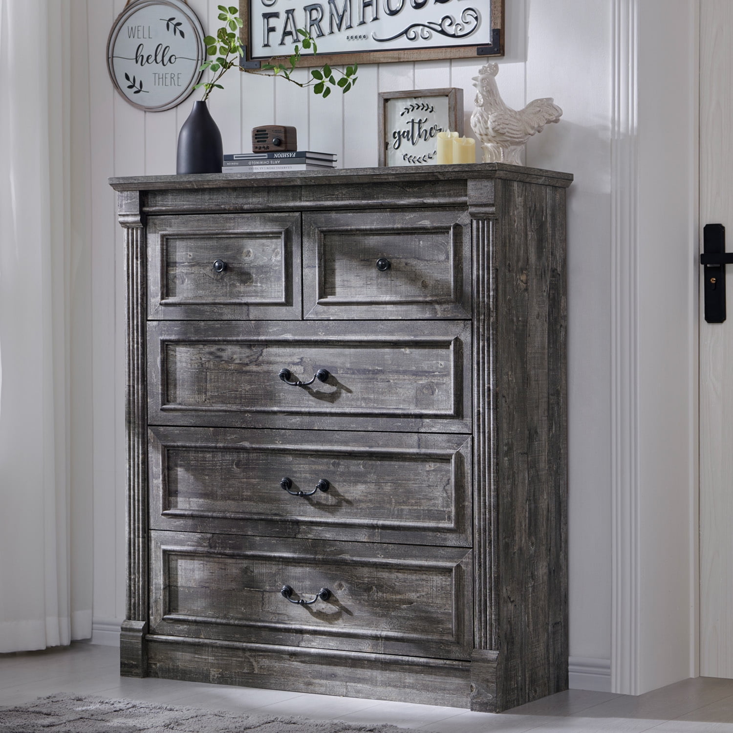 wow97e Farmhouse 5 Drawers Dresser for Bedroom, 46" Tall Wooden Chest ...