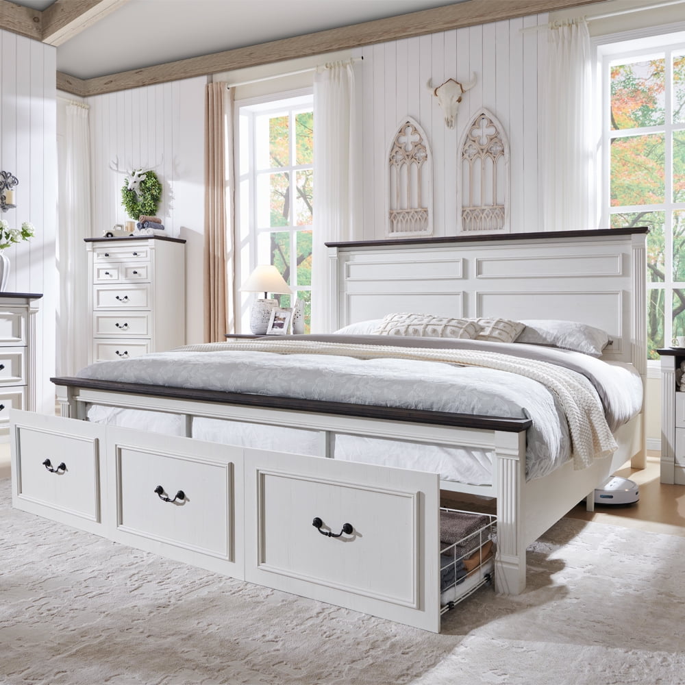 wow97e Farmhouse King Size Bed Framewith 51" Tall Headboard & 20" Roman ...