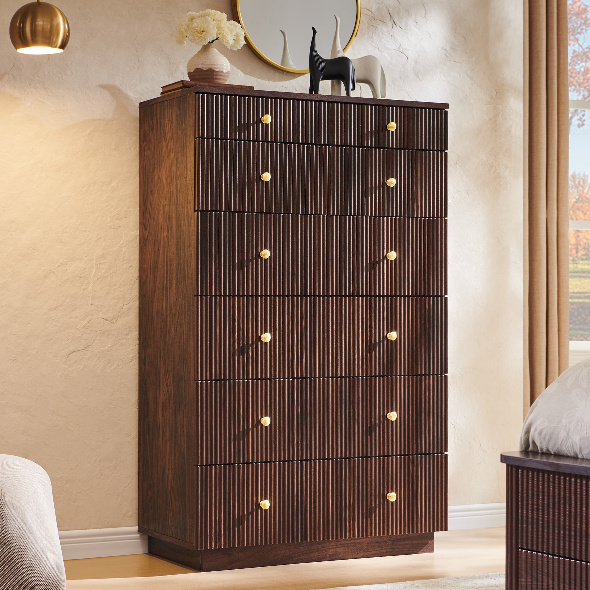 wow97e Fluted 7 Drawers Dresser, Wood 48" H Tall Chest of Drawers with ...