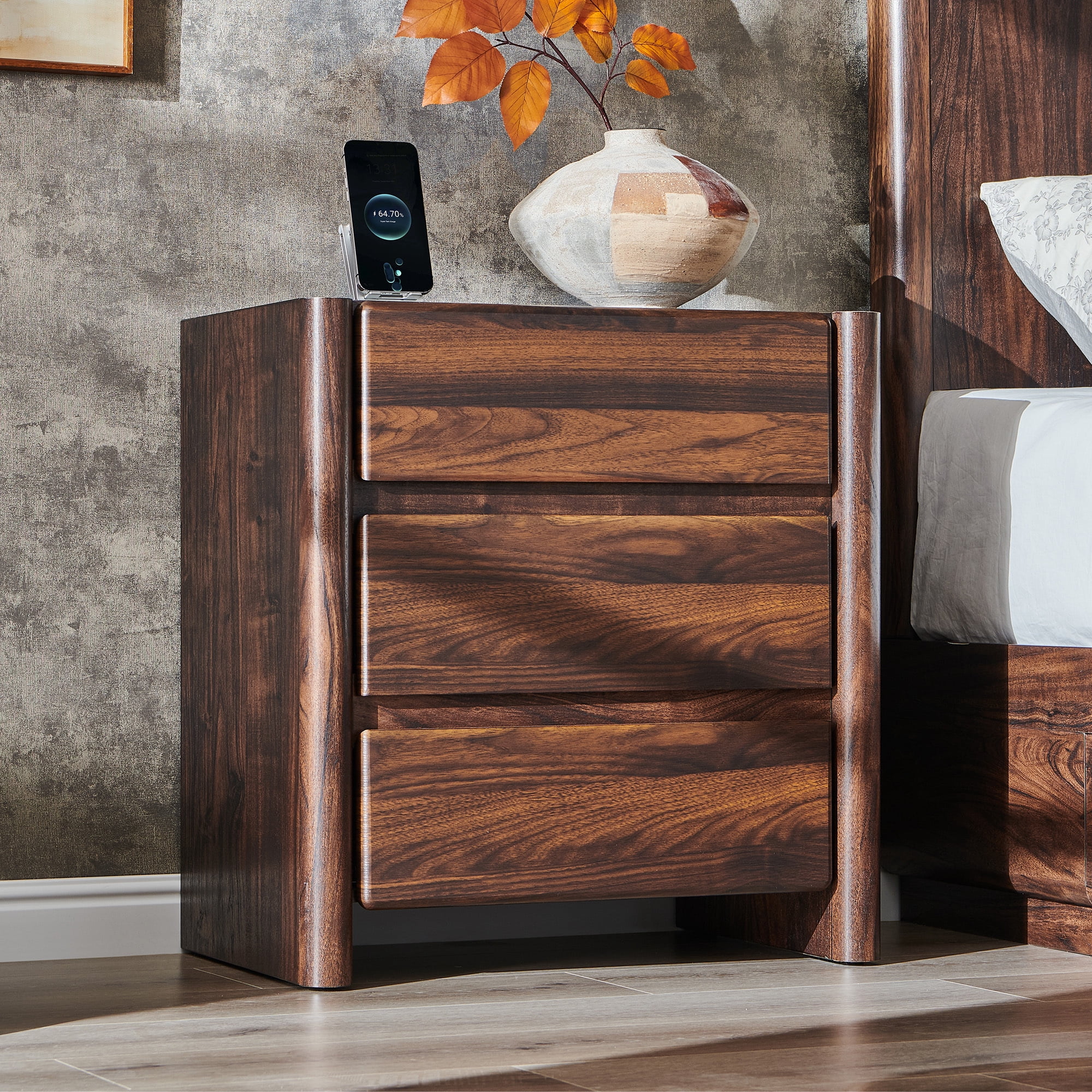 wow97e Modern Nightstand, 25" Tall Night Stand with Charging Station, 3 ...