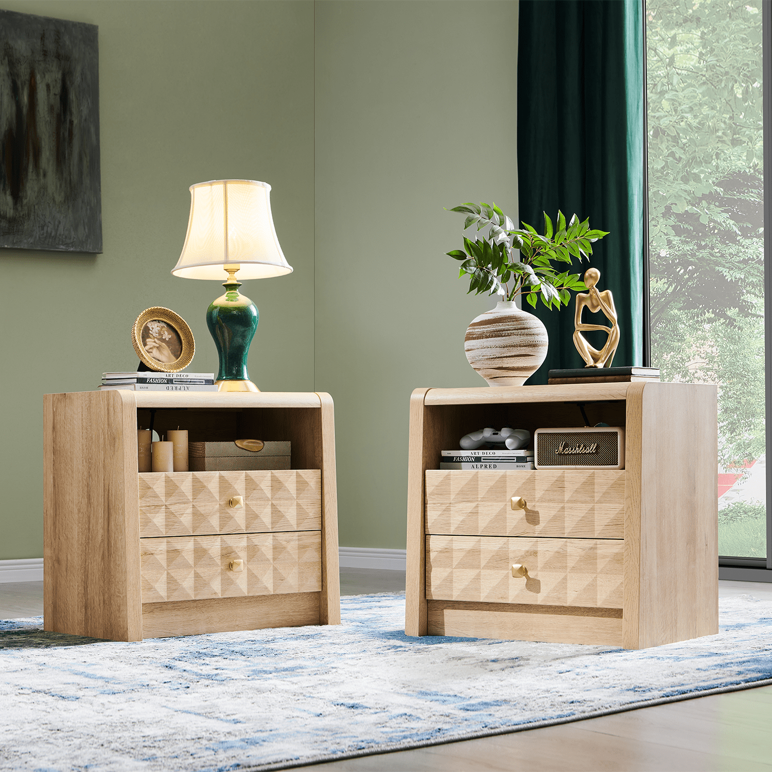 AsterOutdoor Modern Nightstand set of 2 with Charging Station, Wood End ...