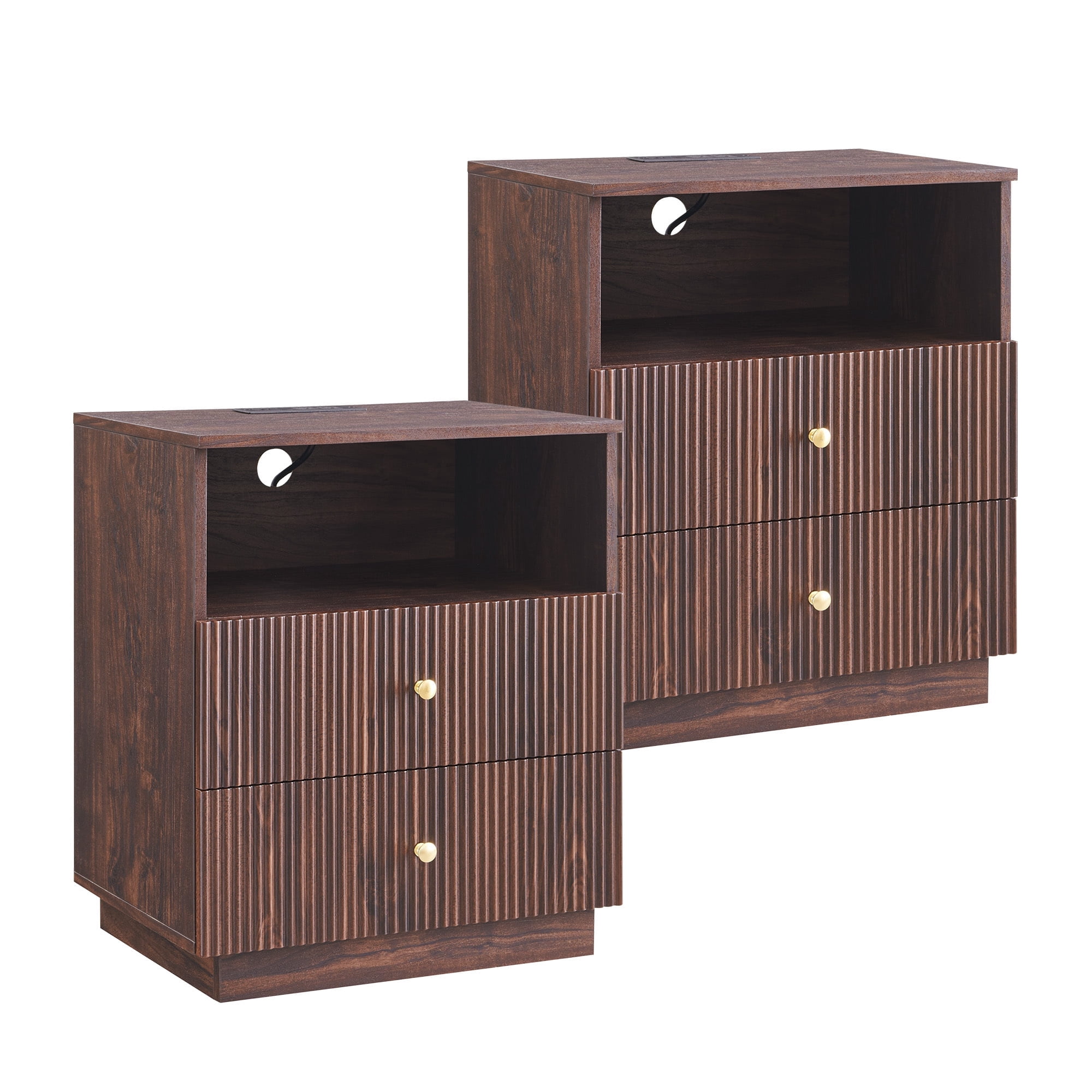 wow97e Nightstand set of 2 with Charging Station, Wood Fluted 21.65 ...