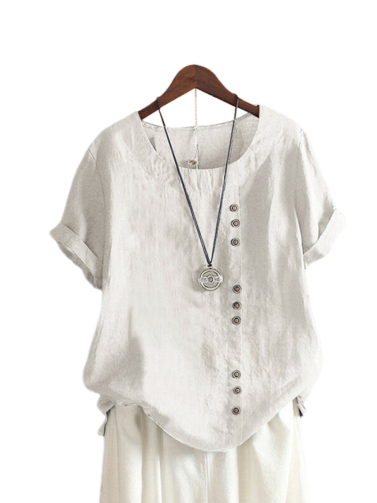 wsevypo Women Cotton Linen Tops, Short Sleeve O-Neck Summer Loose Baggy ...