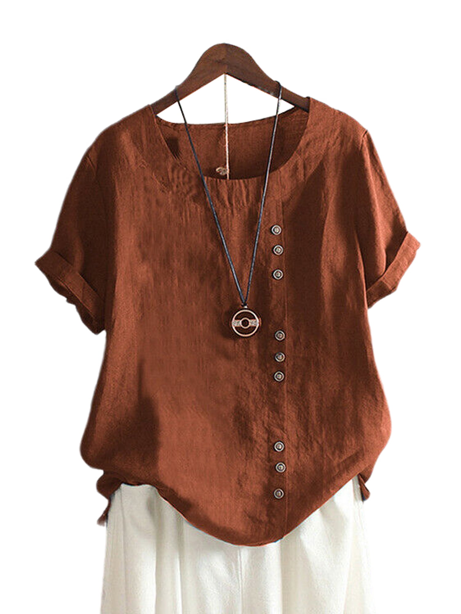 wsevypo Women Cotton Linen Tops, Short Sleeve O-Neck Summer Loose Baggy ...