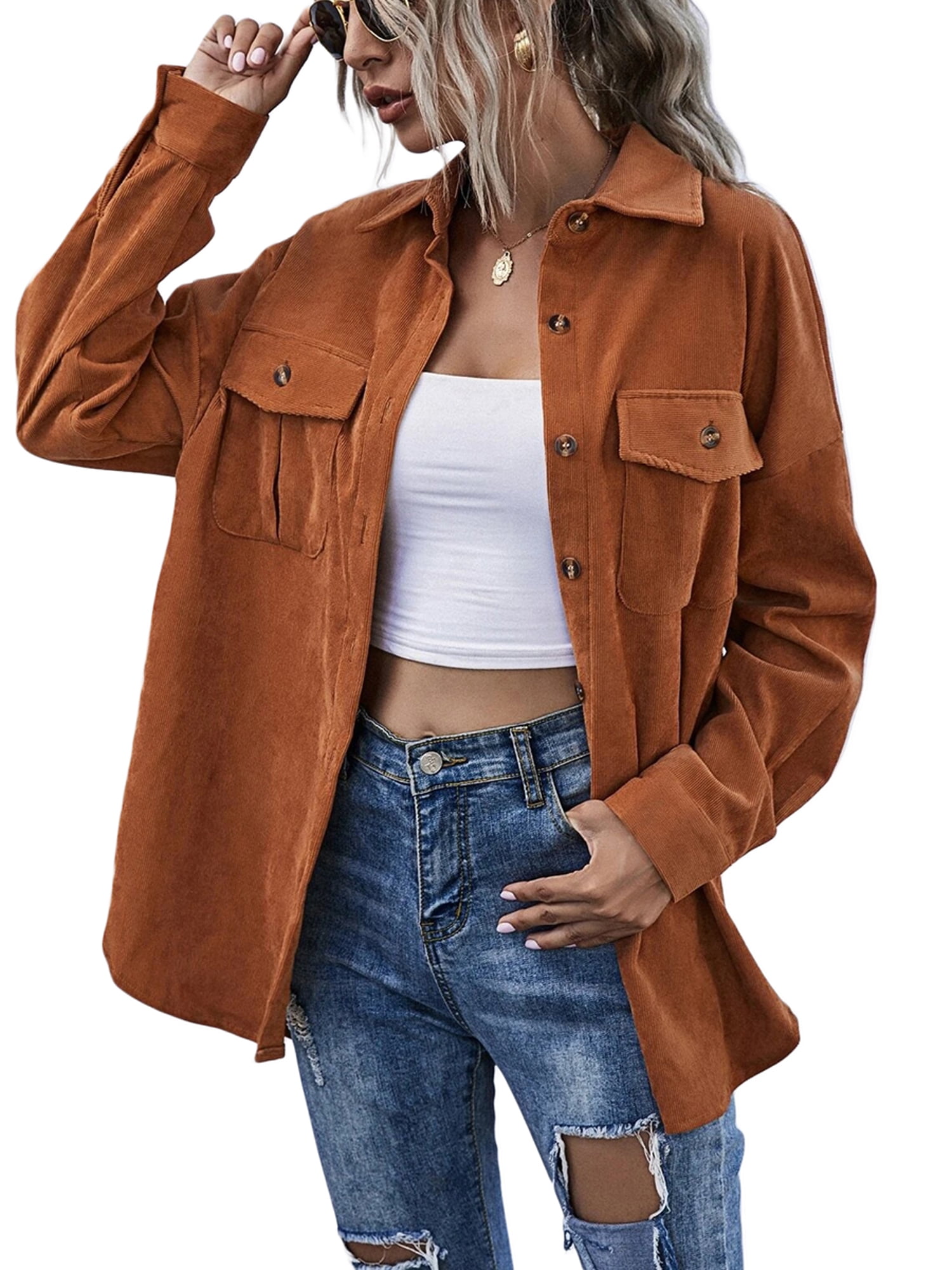 wsevypo Women Shacket Shirt Ladies Oversized Waffle Jacket Long Sleeve ...