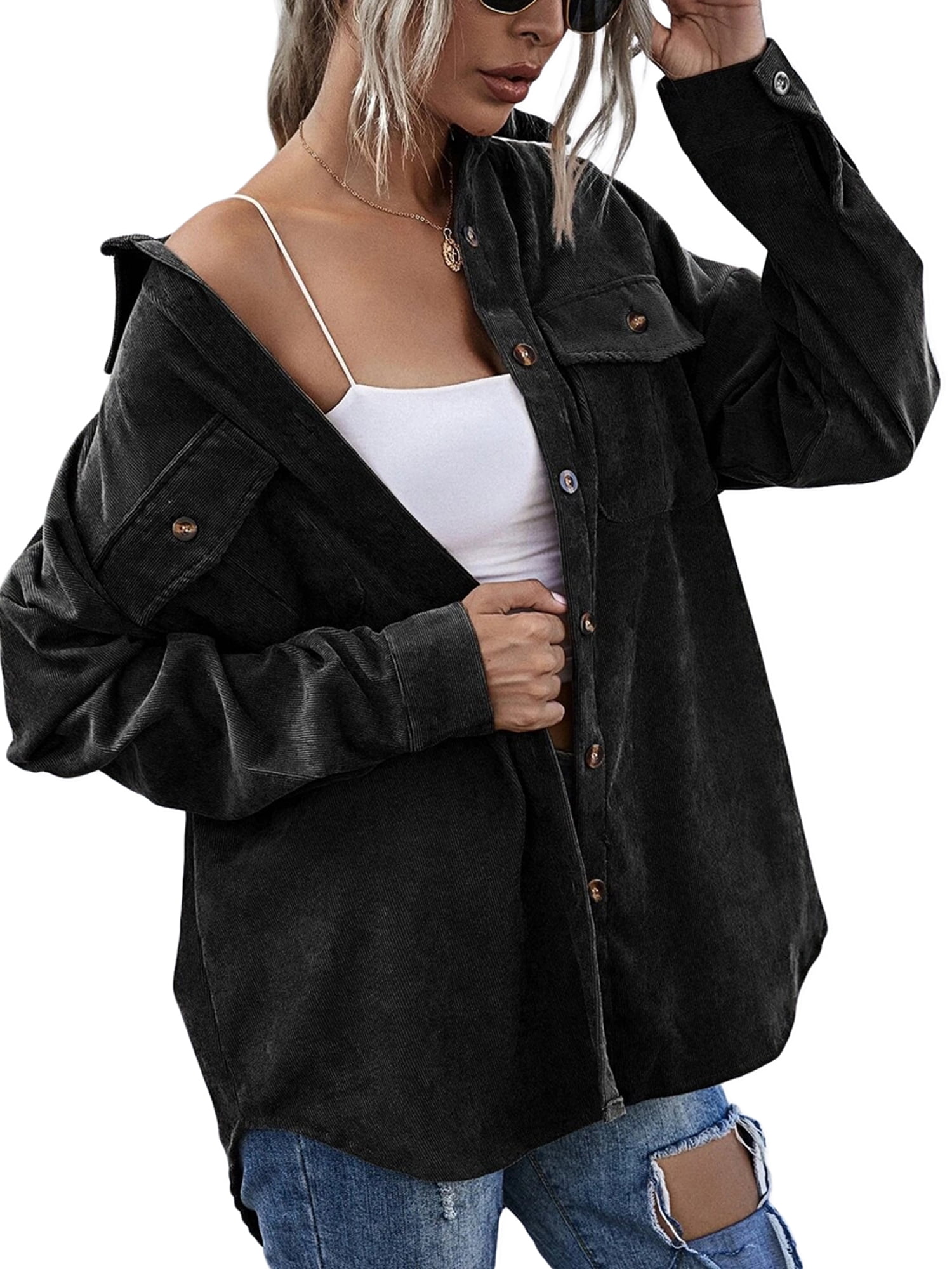 wsevypo Women Shacket Shirt Ladies Oversized Waffle Jacket Long Sleeve ...
